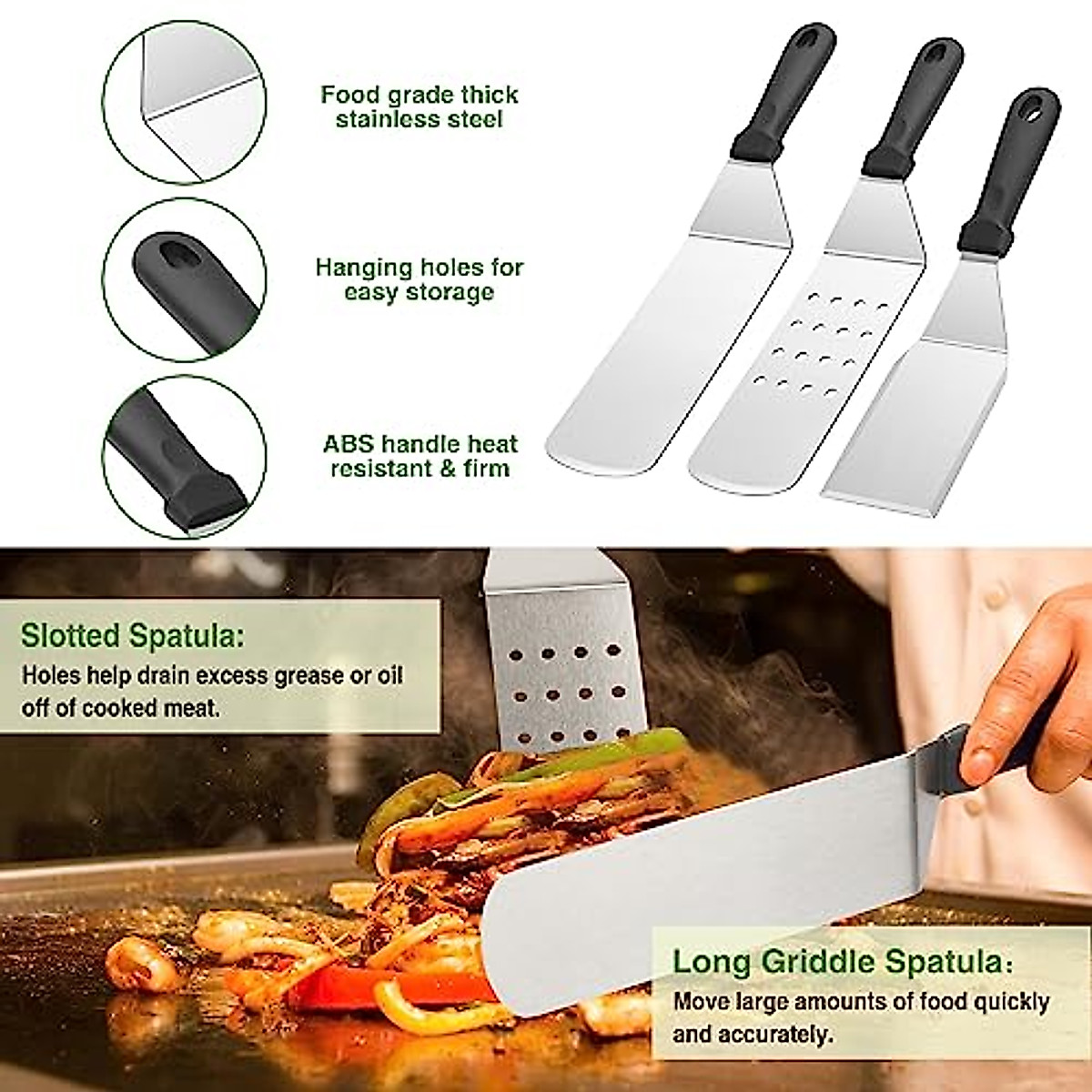 Griddle Accessories Kit, 17PCS Flat Top Grill Accessories Set for Blackstone and Camp Chef, Enlarged Spatulas, Basting Cover, Scraper, Tongs, Stain Steel Grill Spatula Kit for Outdoor BBQ & Cooking