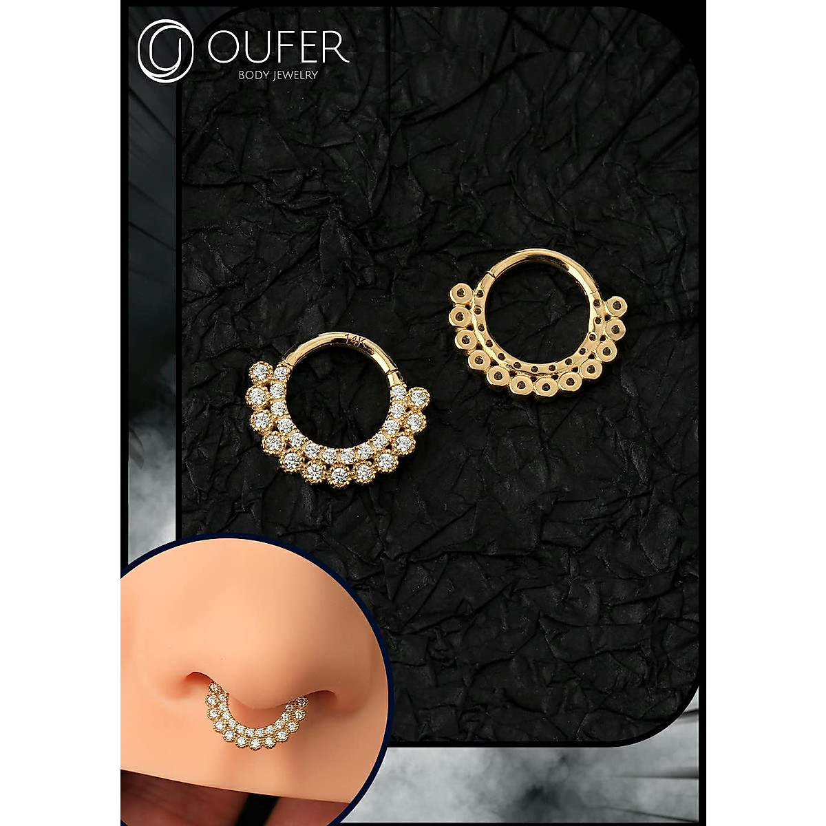 OUFER 16G Septum Rings Hoops, 14K Solid Gold Septum Piercing Jewelry, Paved Shiny Clear CZ Cartilage Hoop Earrings, Daith Helix piercing Jewelry For Women And Men