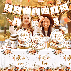 Fall In Love Bridal Shower Decorations Tableware, 142Pcs Fall In Love Decorations Includes Fall In Love Plates Fall In Love Napkins, Fall Bridal Shower Decorations Fall Engagement Party Decorations