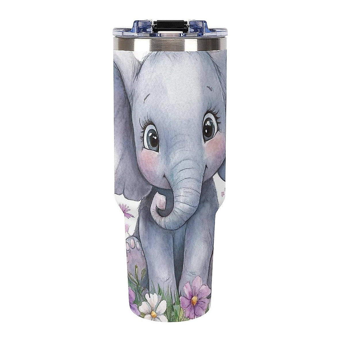 40 Oz Cute Baby Elephant Insulated Stainless Steel Tumbler with Handle & Straw Lid, Reusable Travel Cupholder Friendly Mug for Coffee, Water, Tea