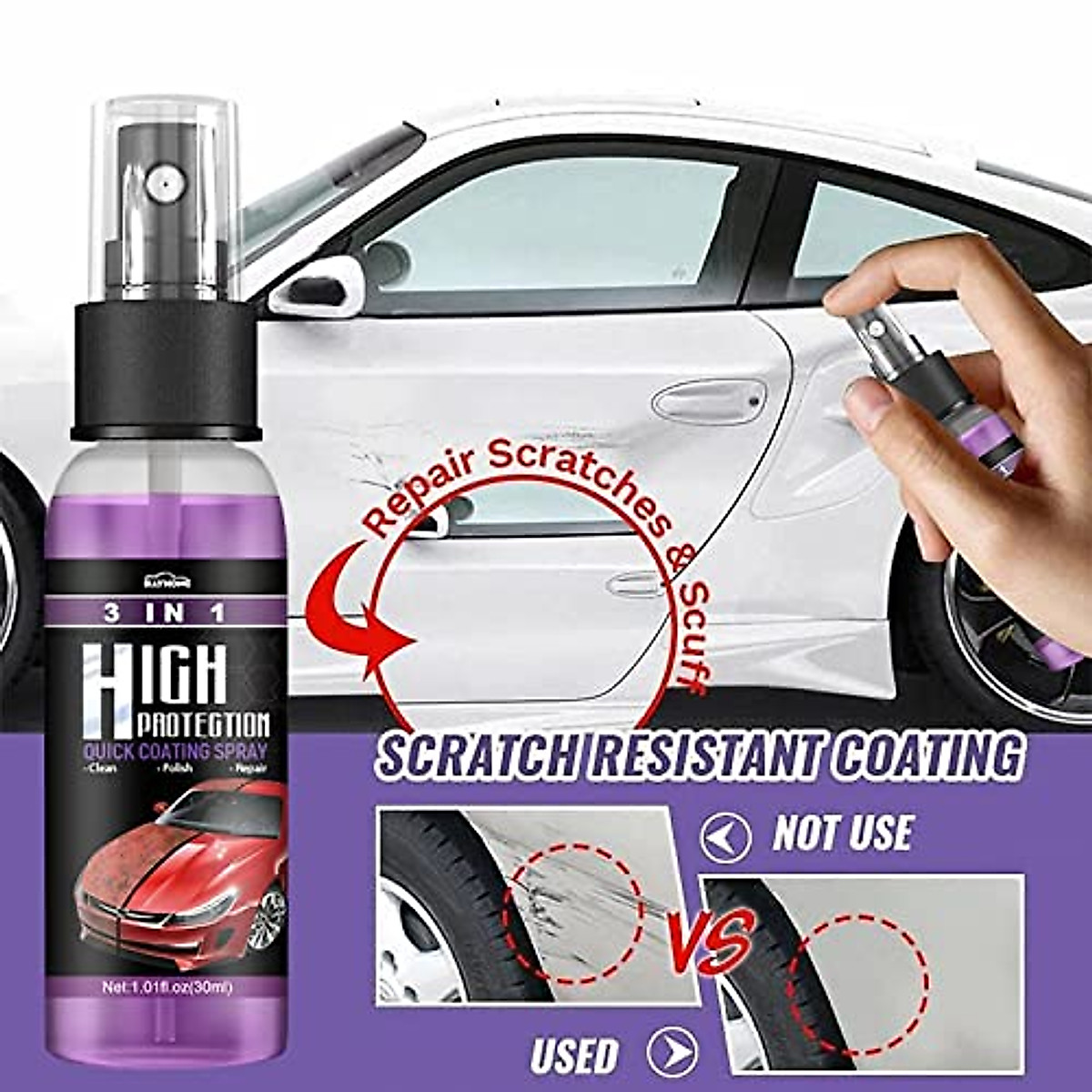 3 in 1 High Protection Quick Car Coating Spray, Extreme Slick Streak-Free Polymer Quick Detail Spray, Quick Coat Car Wax Polish Spray, Plastic Parts Refurbish Agent, Nano Cleaner for Car (300ml)