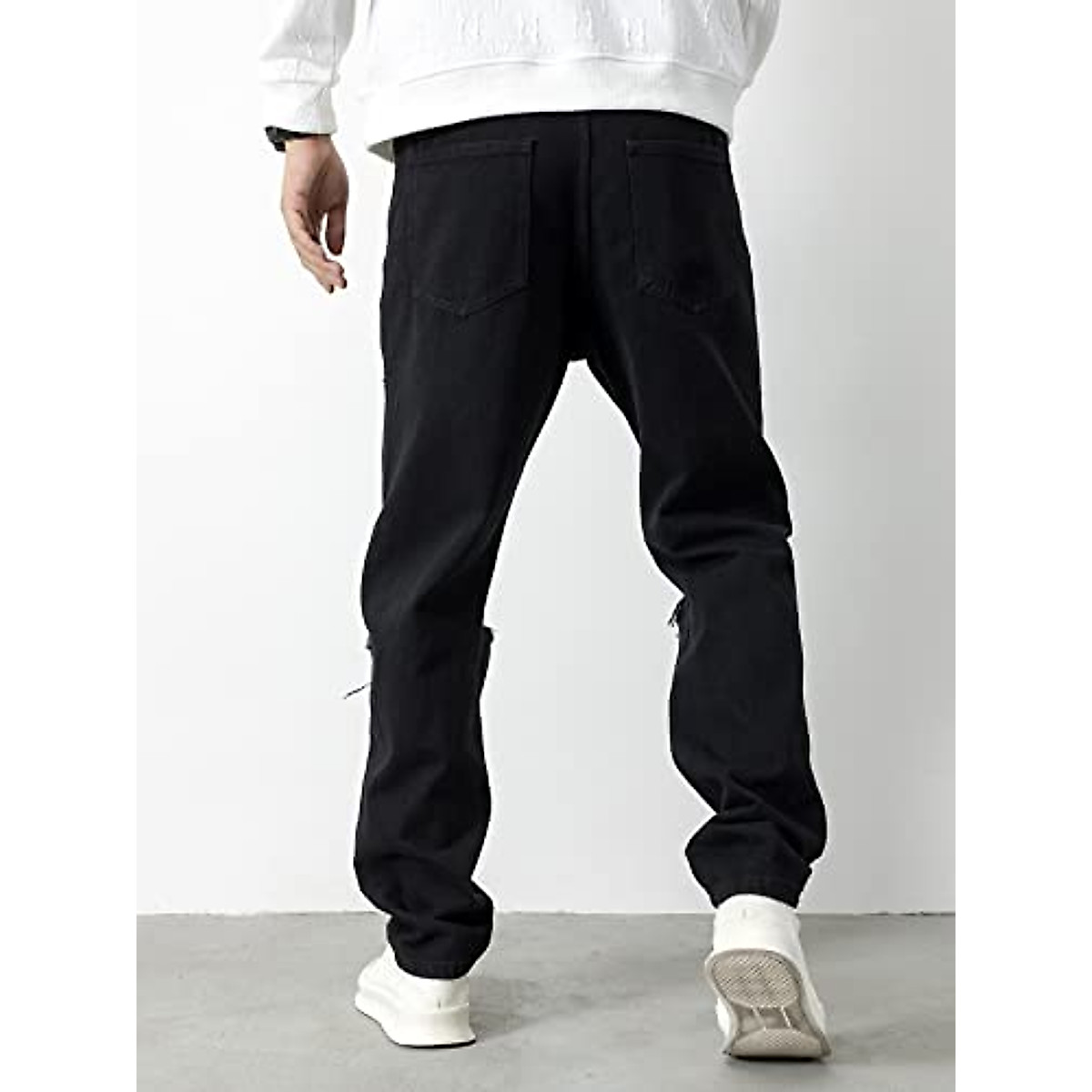 WDIRARA Men's Cut Out Ripped Frayed Zipper Fly Long Straight Leg Denim Jeans Black Solid XL