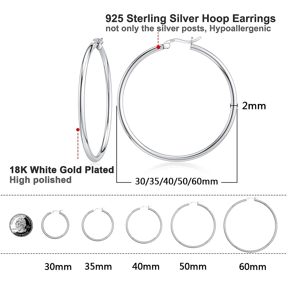 JIAYIQI Sterling Silver Hoop Earrings for Women 18K White gold plated Hypoallergenic Big Sliver Hoop Earrings for Women Diameter 40mm