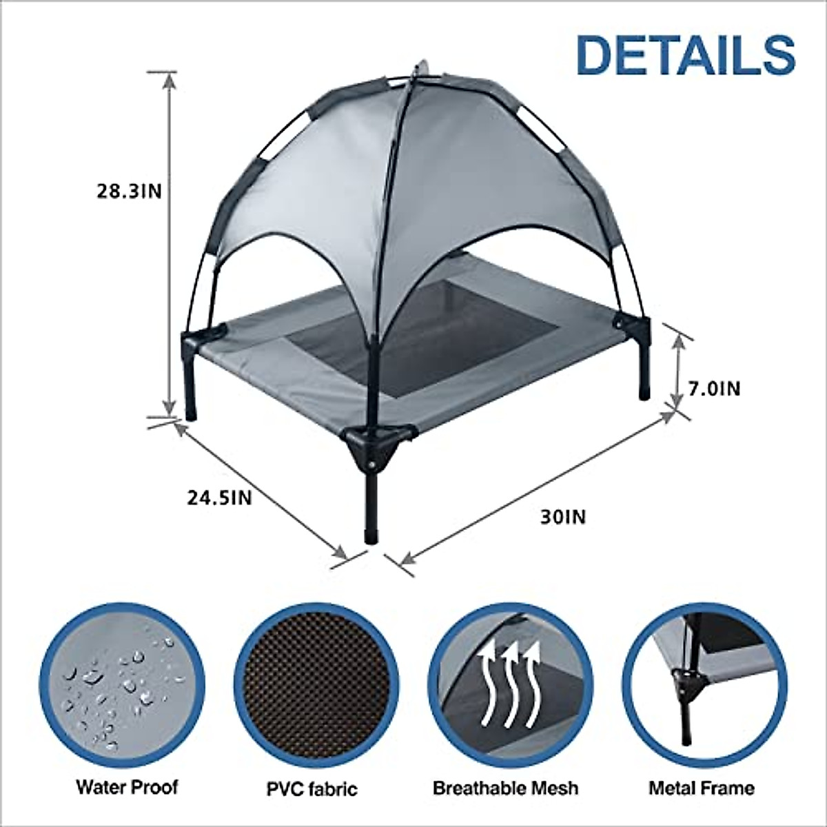 Hooyeatlin Elevated Dog Bed for Small Dogs - Cooling Raised Pet Cot with Removable Canopy Portable Dog Shade Tent for Indoor & Outdoor Use Gray ( S Size )