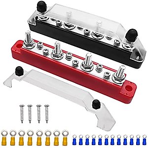 Seamaka (Red+Black) Power Distribution Terminal Block with Cover with 4 x 1/4”(M6) Post,6 x M4 Terminal Screws,Battery Bus Bar with Ring Terminals for Car Boat Marine O-038-10-C-N