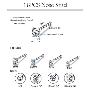 20g Nose Ring Surgical Steel 16pcs 20g Stainless Steel Nose Ring Stud for Women Straight Bar Nose Stud 1.5mm 2mm 2.5mm 3mm CZ Body Piercing for Women Men