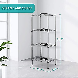 BNSPLY 4 Tier Wire Shelving Unit, Height Adjustable Wire Shelves with 264 LBS Capacity, Metal Storage Rack Organizer for Laundry, Kitchen, Bathroom, Pantry, Closet (9.8"D x 13.7"W x 31.5"H, Silver)