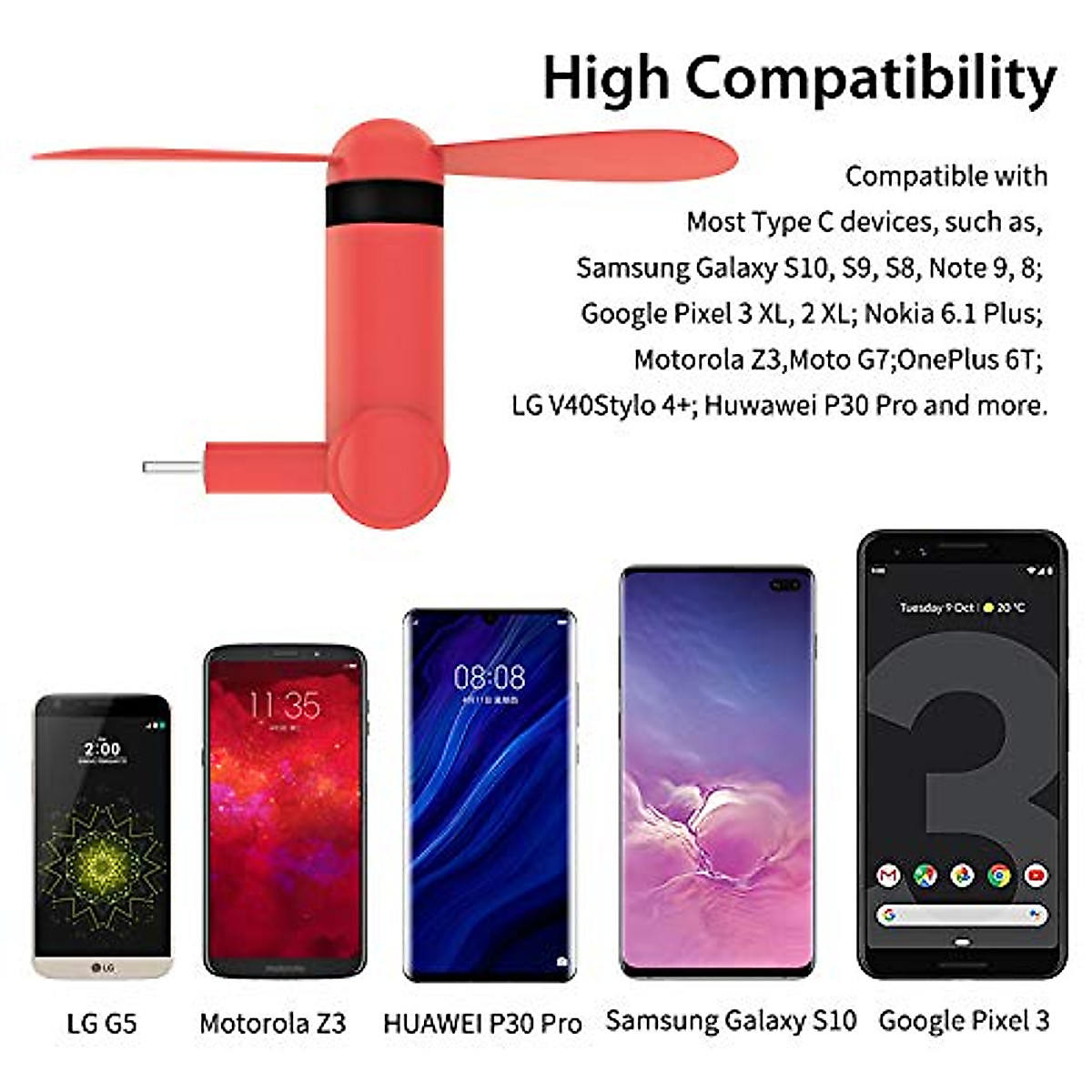 Type C Mini Fan(2 pack), 180 Rotating Portable USB-C Cool Cooler Mobile Phone Fan Compatible with Pixel 3/ 3XL/ 2XL/ HTC/Huawei/LeEco/Samsung/Essential PH-1 and More