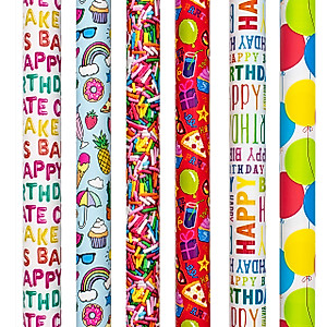 B-THERE Birthday Gift Wrap Wrapping Paper for Boys, Girls, Adults. 6 Cute & Funny Different Designs of 6 ft X 30 Roll! Includes Cactus, Fruit, Rainbows, Rainbow Sprinkles, Pizza, Balloons, Donuts