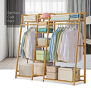 MoNiBloom Bamboo Trapezoid Clothing Rack with 5-Tier Storage Shelves Multi-Functional Clothes Rack, Clothes Hanging Rack Stand for Bedroom Living Room, Natural