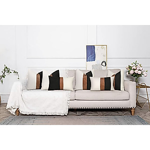 Merrycolor Faux Leather and Linen Throw Pillow Covers Black and White Pillows Decorative Throw Pillows Covers Brown Square Modern Farmhouse Accent Pillow Case 18 x 18 Inch (Black and White)