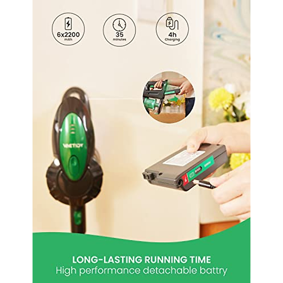 Vactidy Cordless Vacuum Cleaner, Lightweight Stick Vacuum with 20Kpa Suction, Detachable Battery, Max 35mins Runtime, 6 in 1 Handheld Vacuum Cordless for Hard Floor Carpet Pet Hair