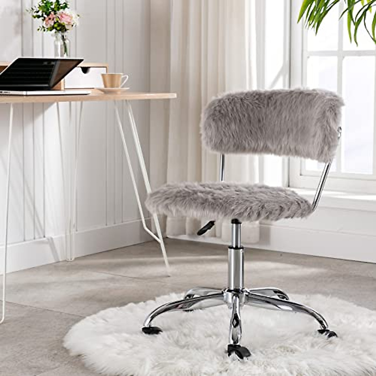 chairus Home Office Chair Faux Fur Desk Chair, Upholstered Modern Task Chair Height Adjustable Reception Chair Vanity Chair for Bedroom, Grey