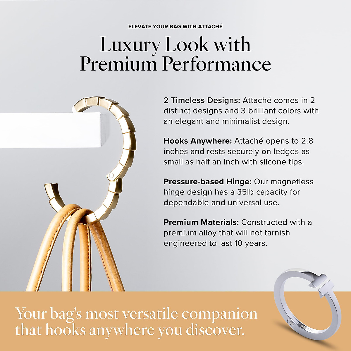 Attaché Purse Hanger for Table, Purse Hook - Magnetless Bag Hanger, Purse Holder - 35lb Capacity Purse Hook for Table, Backpack Hanger, Bag Hooks for Tables - Divina Gold