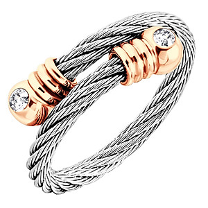555Jewelry Cute Stainless Steel Twisted Cable Adjustable Ring for Women & Ladies, Modern Sparky Cubic Zirconia Open Ring for Women, Stackable Womens Ring, Silver & Rose Gold