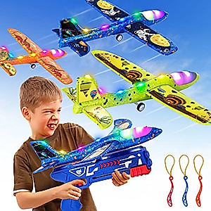 Lydaz 3 Pack Airplane Launcher Toys, 2 Flight Modes LED Slingshot Foam Airplanes for Kids with 3 DIY Stickers, Outdoor Sport Flying Toys Birthday Gifts for Boys Girls Age 3 4 5 6 7 8 10-12 Years Old