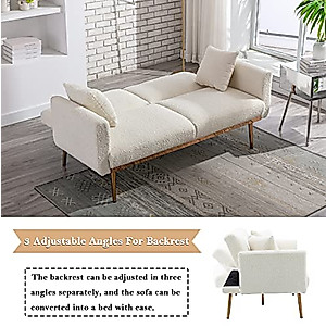 Antetek Futon Sofa Bed with 3 Adjustable Positions, Small Sleeper Sofa Loveseat with 2 Decorative Pillows, Modern Upholstered Convertible Couch with 5 Metal Tapered Legs, White Teddy