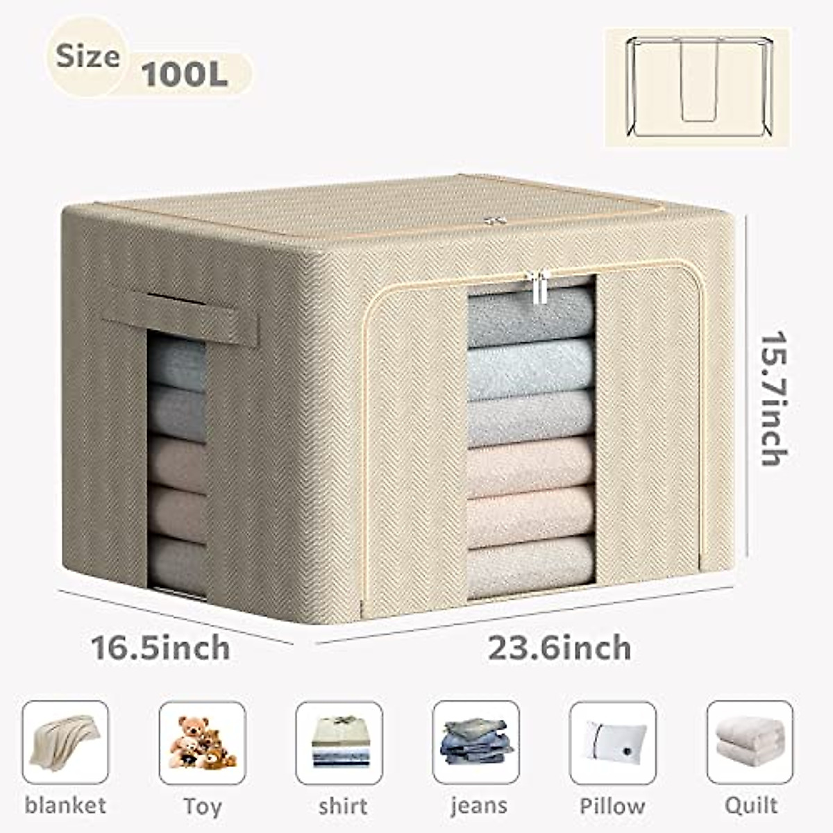 3 Pack Clothes Storage Bins Stackable Large Capacity Metal Frame Storage Box Large Capacity Foldable Oxford Fabric Clothes Container Organizer with Clear Window (Extra Large-100L, Beige)