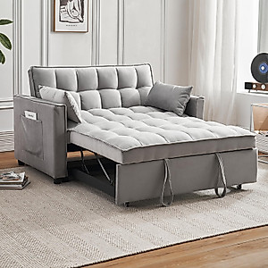 FENFSHE Futon Sofa Bed, Modern Velvet 3 in 1 Convertible Sleeper Sofa Couch Bed, Pullout Couch Bed with Adjustable Backrest, Storage Pockets and Toss Pillows for Living Room, Bedroom (Grey)