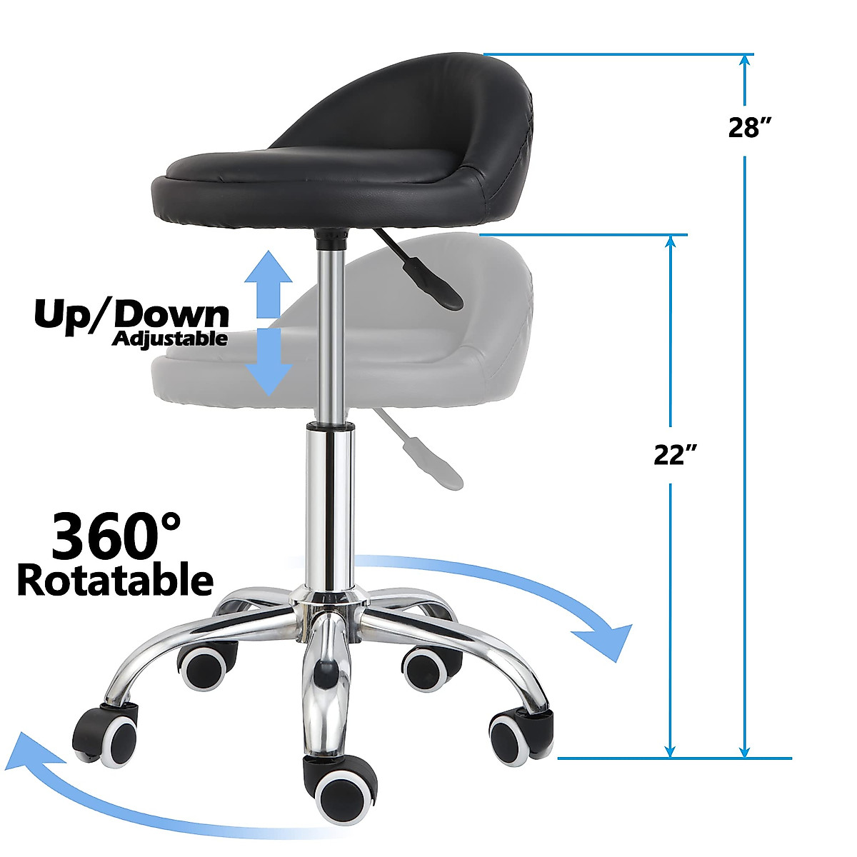 JupiterForce 24'' Adjustable Rolling Stool 360 degree Swivel Salon Office Massage Medical Facial Spa Stool Chair with Wheels Backrest PU Cushion Gas Lift Stool (Black)