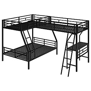 RORIGAT Metal Bunk Bed, Twin Over Full Size Triple Beds with Desk, L-Shape Loftbed for 3, Space-Saving Design/No Box Spring Needed, Black