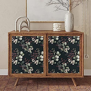 BEETAL Green Leaf Floral Pink White Peel and Stick Wallpaper Black Esay Peel Off Contact Paper Vintage Self Adhesive Removable Stick on Wall Paper for Kitchen Cabinet Furniture Renter Friendly