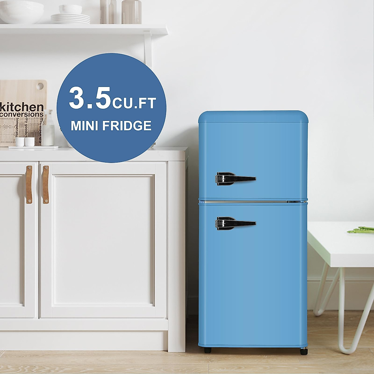 Fridge with Freezer Mini Retro Blue 3.5 Cu.ft Compact Refrigerator Small for Bedroom, Office, Dorm, RV, Apartment with Adjustable Mechanical Thermostat 2-Door Design
