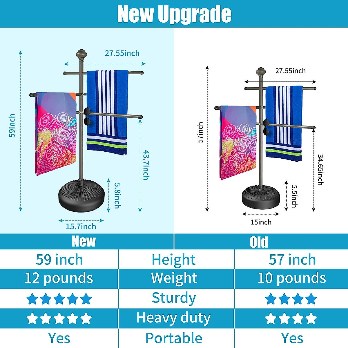 Hestiasko Pool Towel Rack Outdoor, 59" Metal Outdoor Towel Rack for Hot Tub with 3 Adjustable Bars, Hot Tub Accessories for Adults, Outdoor Towel Rack for Pool, Upscale Pool Towel Rack - Gray