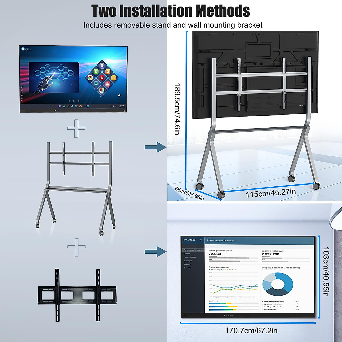 LINGHUFOX 75 Inch Smart Board, 4K UHD Touch Screen Digital Whiteboard with Open App Ecosystem, All-in-One Electronic Interactive Whiteboard for Classroom Office Home(Board+Movable Stand+Wall Mount)