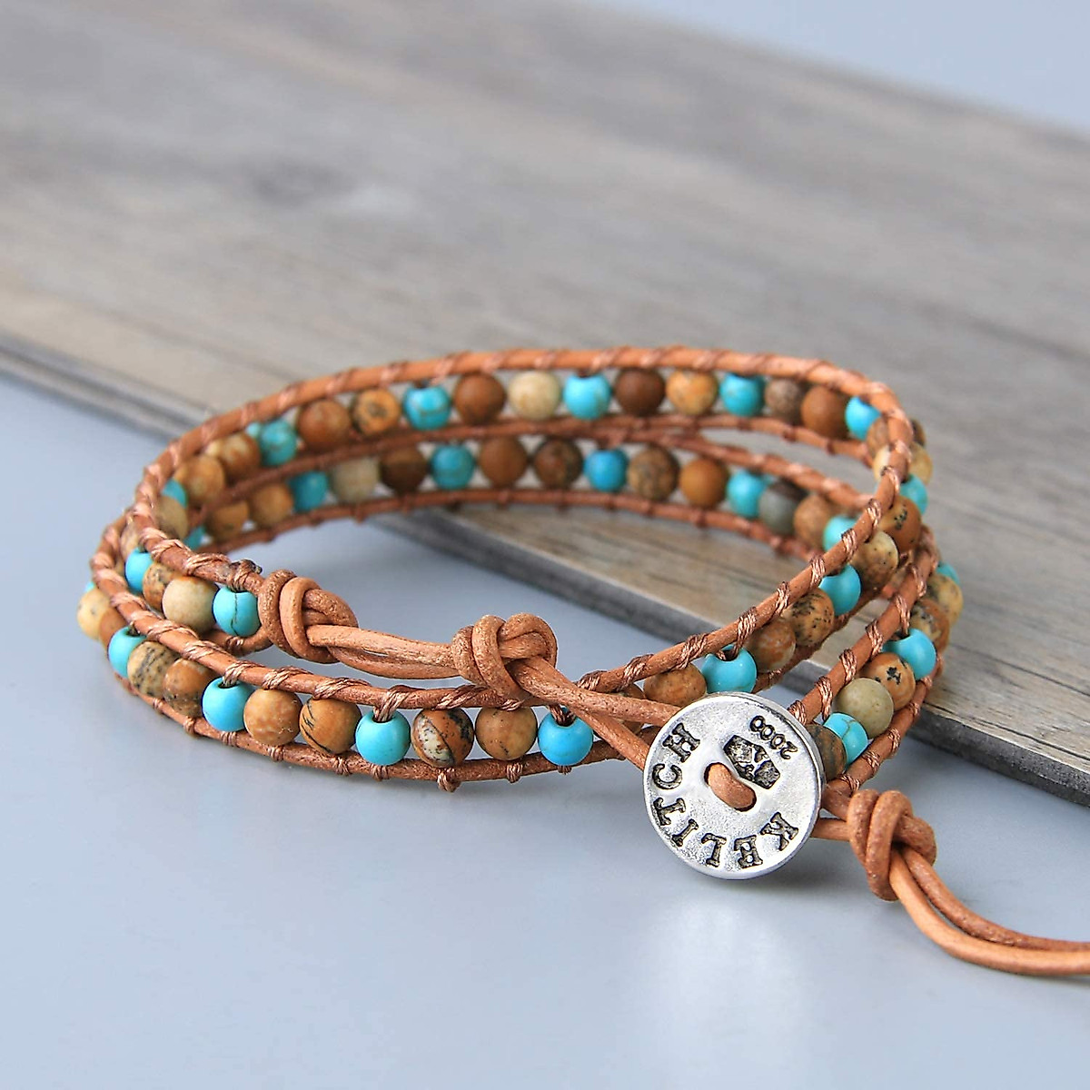 KELITCH Turquoise Leather 2 Wrap Bracelet Tiger Eye Bangle Bracelet Boho Leather Cuff Jewlry