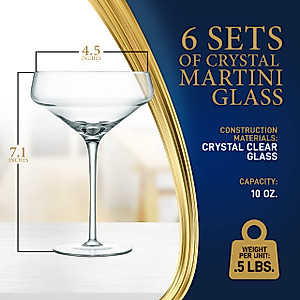 6 Sets of Crystal Martini Glass, Ultra Clear, Elegant Wine Glass, 100% Hand Blown, Dishwasher safe, Classy and Reusable Packaging