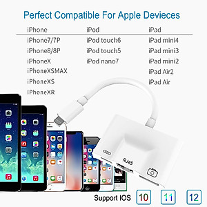 SHARLLEN RJ45 Ethernet LAN Wired Network Adapter,3 in 1 Wired Lightning to Ethernet USB 3 Camera Reader OTG Adapter and Fast Charging Port Compatible for iPhone 12/11/X/XR/8/7,iPad,iPod, iOS Devices