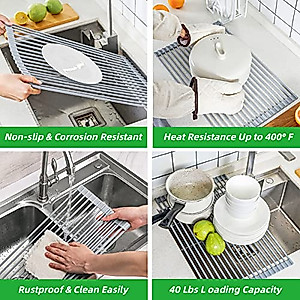 Wizdays Roll Up Dish Drying Rack Kitchen Sink, 20.5"x13" Foldable Food Safe Grade Silicone Wrapped Stainless Steel Dish Drying Rack, Space Saver, Easy to Use, Clean & Store