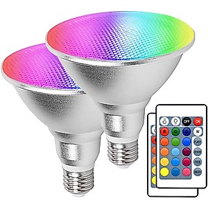 Kuniwa 2 Pack RGB PAR38 Flood Light Outdoor with Remote, 30W=90W, Waterproof LED Color Changing Light Bulbs, 3000K Warm White, 1800lm, Christmas Party Decor Dimmable Lamp