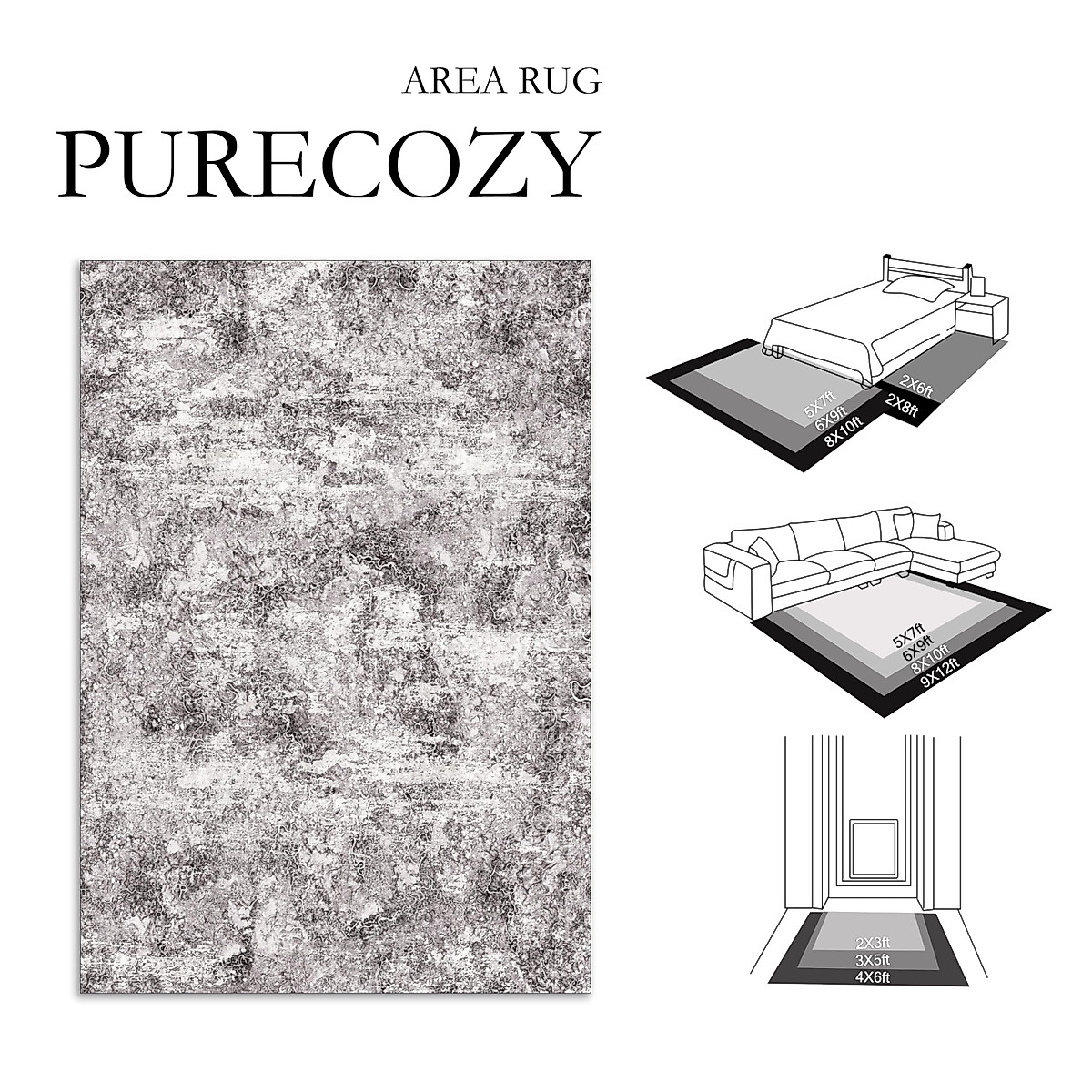 PureCozy Grey Area Rug 5x7 Abstract Living Room Rug Modern Kitchen Washable Indoor Accent Rug Distressed Throw Rug Bedroom Office Dining Room Low Pile Carpet Classroom Nursery