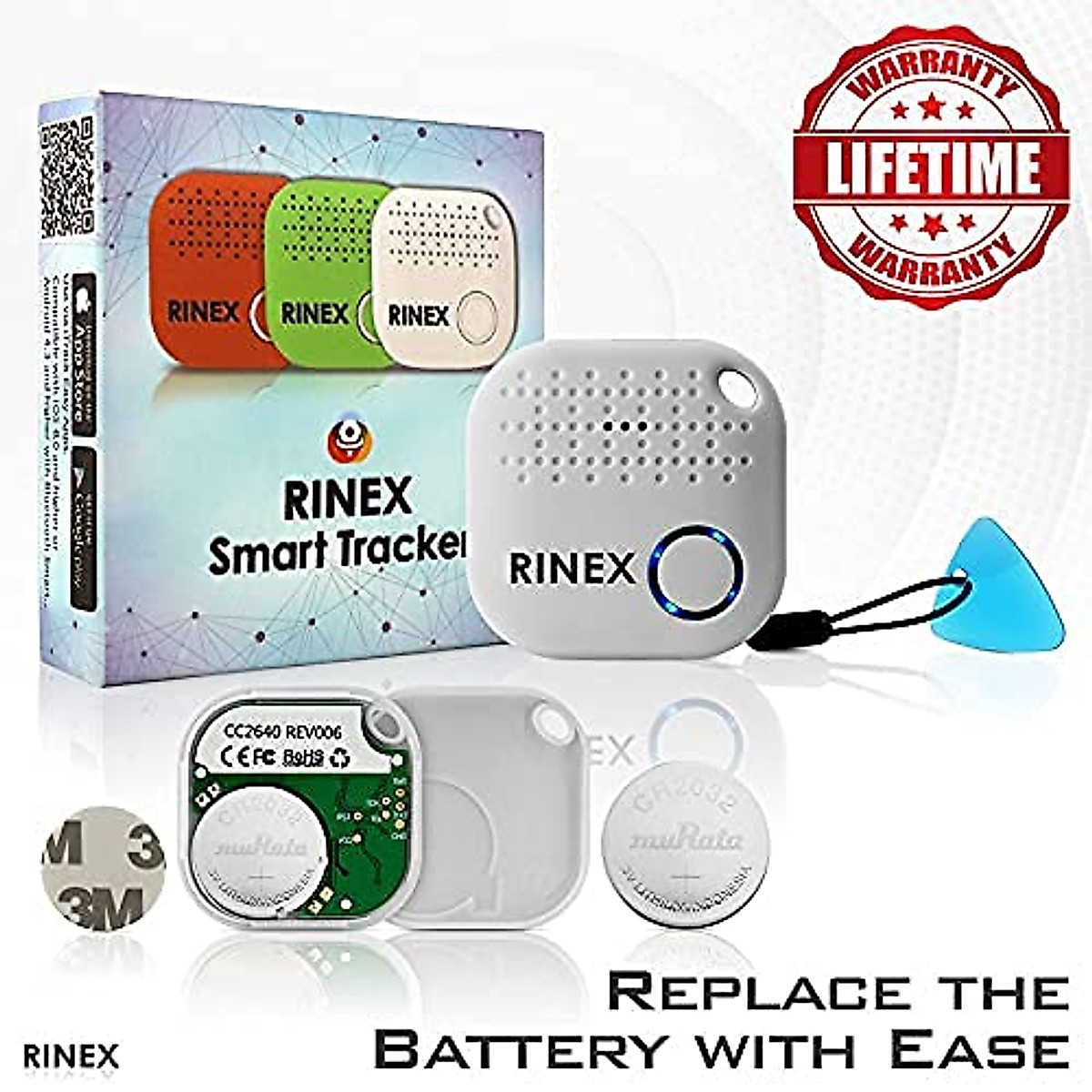 Bluetooth Key Finder – Key Locator Device with App, Siri Compatibility, & Extra Battery – Anti-Lost Keychain Tracker Device for Phone by Rinex- 2 Pack & Green and White