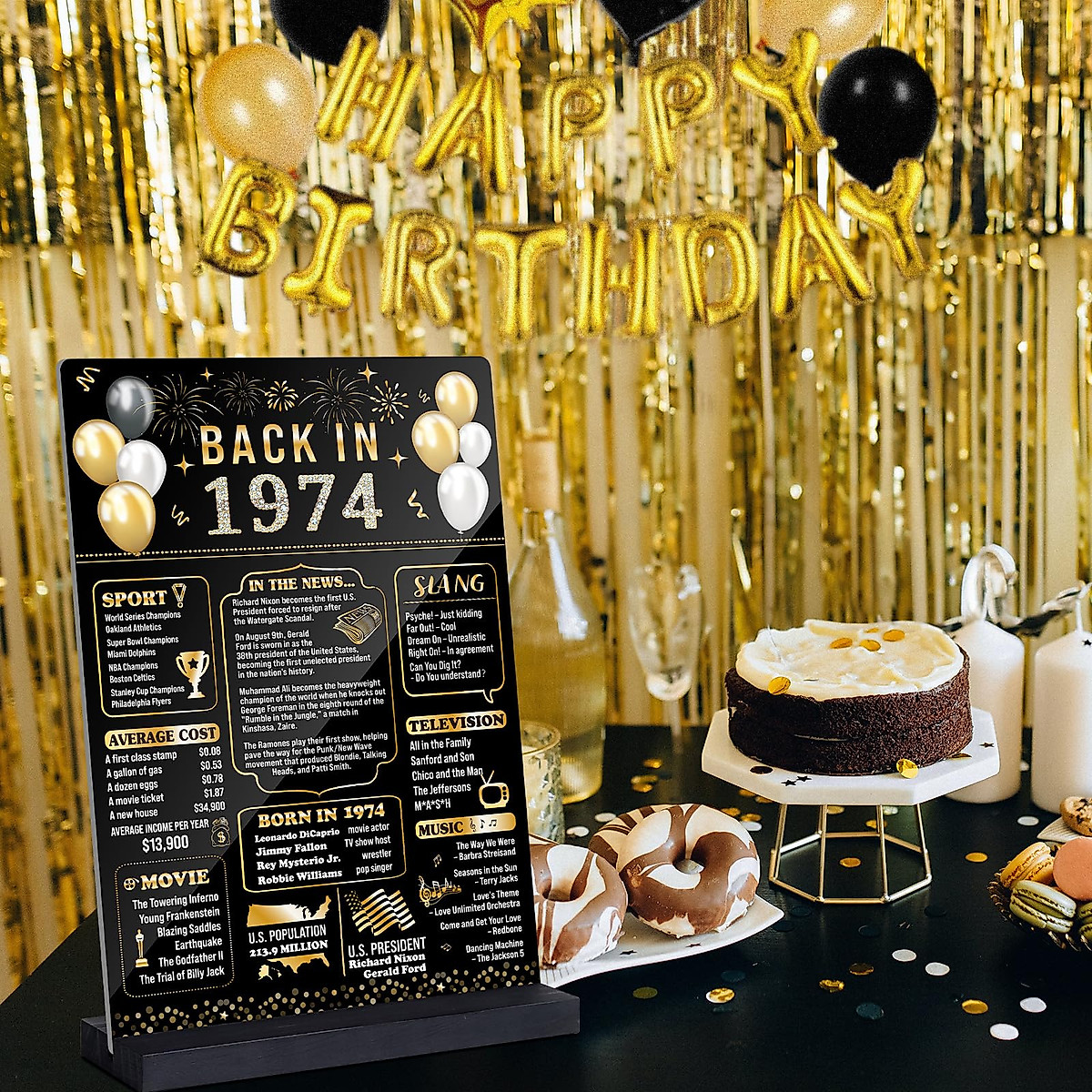 Happy 50th Birthday Decorations & Anniversary Party Favor Supplies - Back in 1974 Table Poster Sign Gifts for Men & Women, Cake Topper Banner Balloon Backdrop Candle Centerpiece Tablecloth