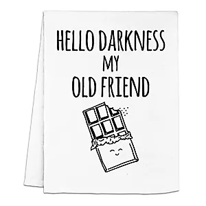 Funny Kitchen Towel, Hello Darkness My Old Friend, Flour Sack Dish Towel, Sweet Housewarming Gift, White or Gray (White)