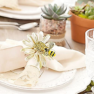 Kesote Daisy Sunflower Napkin Rings Set of 6, Gold Bee Napkin Ring Holders for Formal or Casual Dinning Table Decor