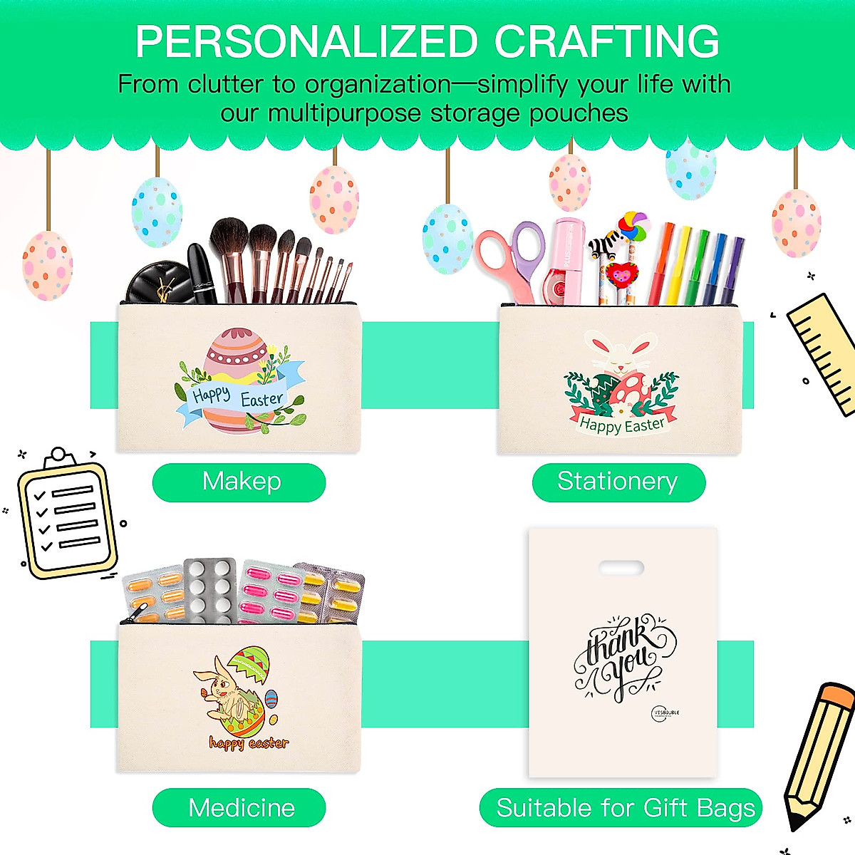 Visbouble 6 Pack Blank Craft DIY Canvas Makeup Bag - Cosmetic Bag with Zipper, Easter Gift Plain Pencil Case Pen Pouch for Cricut, Travel Toiletry Small Bag with 6 PCS Individual Gift Packaging