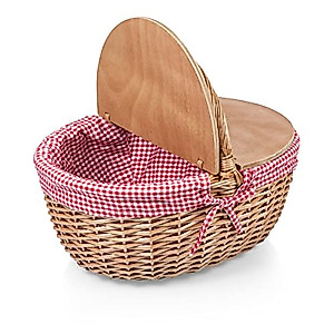 PICNIC TIME - Country Vintage Picnic Basket with Lid - Wicker Picnic Basket for 2, (Red & White Gingham Pattern)