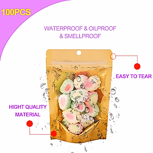 100 Pack Smell Proof Bags with Clear Front Window, 4 x 6 Inches Resealable Stand Up Food Storage Bags Packaging Foil Mylar Pouches for Small Business, Foods, Party Favors (Gold (4x6+2.4 inch)
