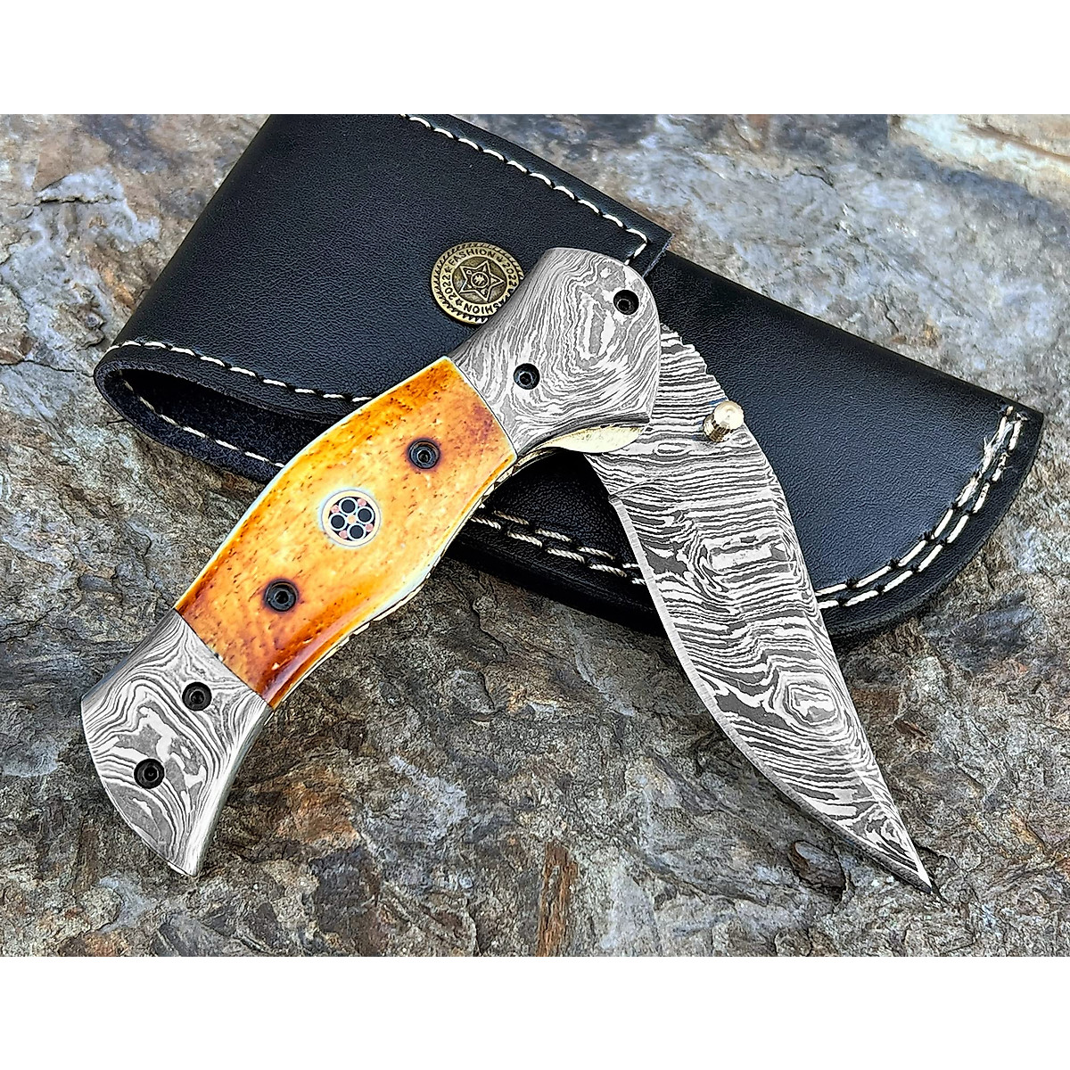 WINTERFELL Damascus Steel Hunting Pocket Knife with Burnt Camel Bone Handle and Leather Sheath - 7.5" Custom Gift Knife for Men - Unique Anniversary, Birthday gifts for Husband, Dad, Boyfriend