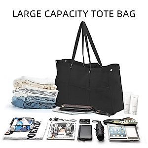 LLYLIU Large Canvas Tote Bag with 9 Pockets Extra Big Shopping Beach Travel Reusable Plain Solid Grocery Bags 21"x8"x14"