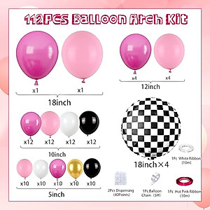 FunHot Pink Race Car Balloon Arch Garland Kit, Hot Pink Black Balloons Arch with Black and White Plaid Foil Balloons for Kids Girls Racing Car Theme Birthday Baby Shower Party Decorations
