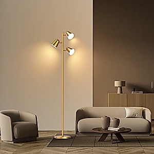 PAZZO Floor Lamp, 3pcs 8W LED Standing Tall Lamp,Tree Floor Lamp with 3 Adjustable Rotating Lights Industrial Floor Lamp for Living Room, Bedroom,Office,Gold