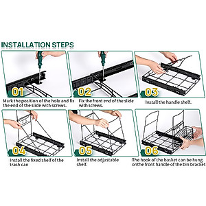 Pull Out Trash Can with Metal Basket, Stainless Steel Kitchen Adjustable Trash Slide Out Shelf, Cabinet Trash Can Pull Out Kit, Fit 7-11 Gallon Garbage Can (Trash Can Not Included, Black)