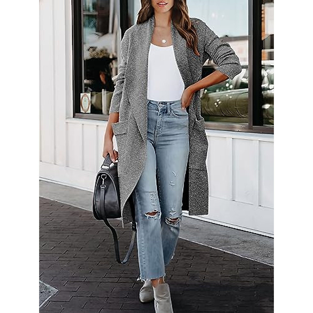 ANRABESS Women's 2023 Fall Casual Long Sleeve Draped Open Front Knit Pockets Long Cardigan Jackets Sweater Comfy Trendy Outfits Coat 580shenhuahui-S Gray