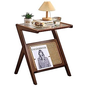 Tiita Rattan Side Table, Mid Century Nightstand, Bamboo Accent Bedside Tables, Glass Coffee Tables, Boho Wooden End Table with Storage for Small Space, Living Room and Bedroom