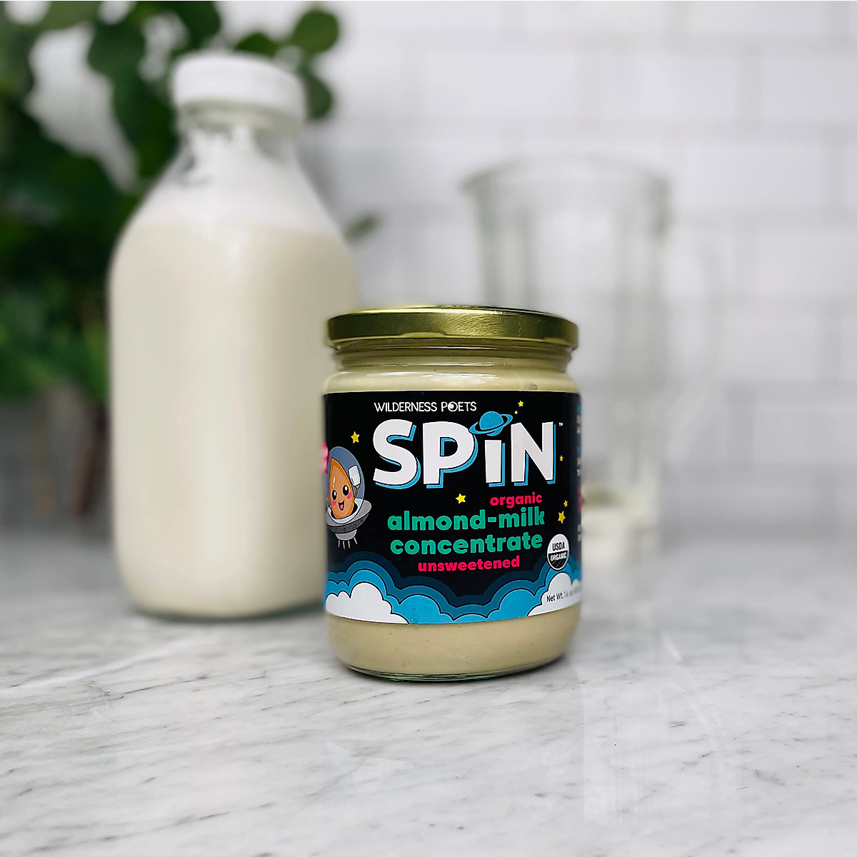 Wilderness Poets SPiN, Organic Almond Milk Concentrate (Unsweetened) - (1 gallon - 8 Pound) - 228 Servings - Make Almond Milk or Non-Dairy Creamer for Coffee, Tea, Lattes, Smoothies and Vegan Desserts (128 Ounce - 8 Pound)